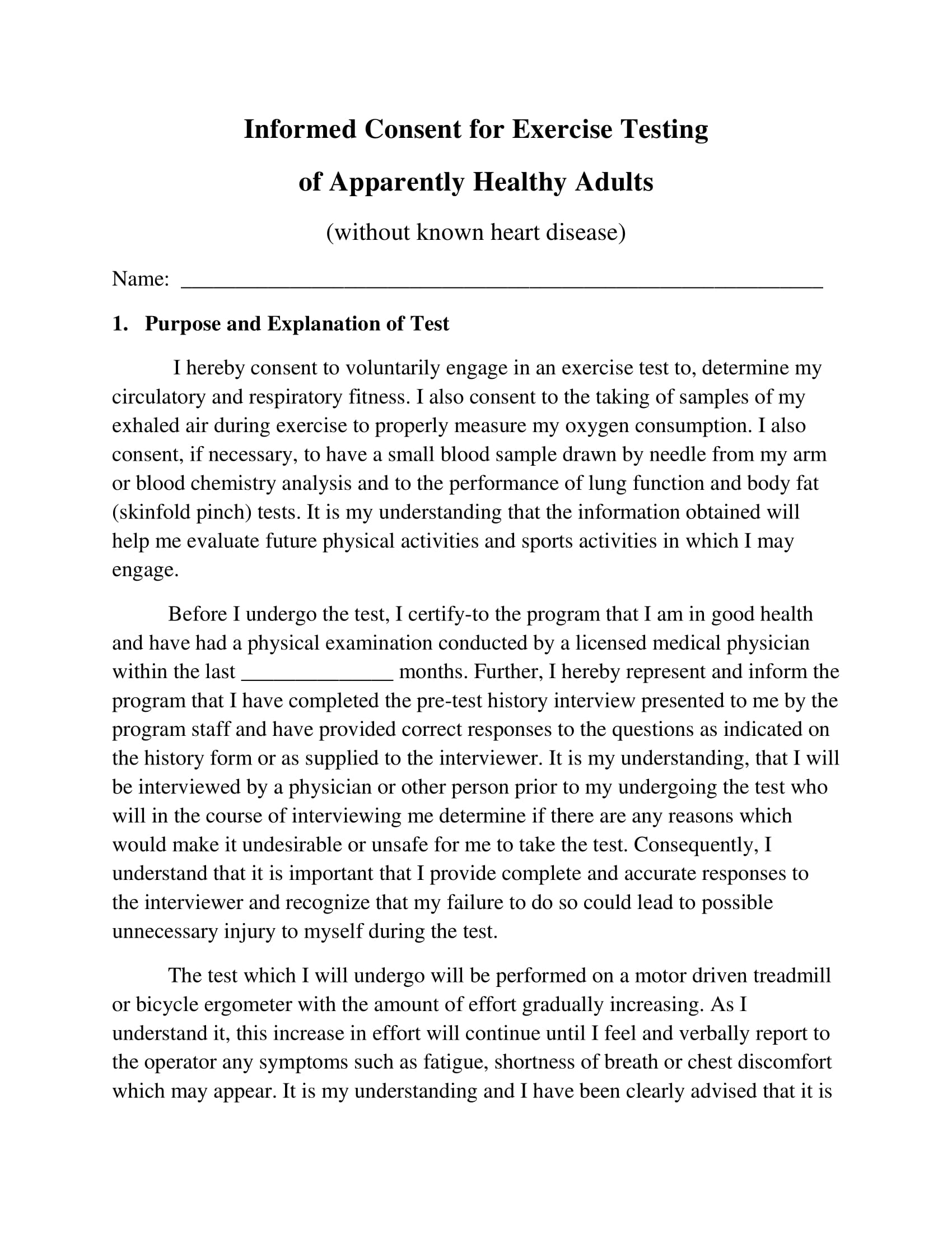 Informed Consent For Exercise Testing