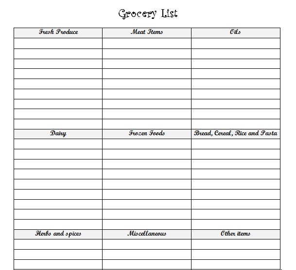Printable Grocery List